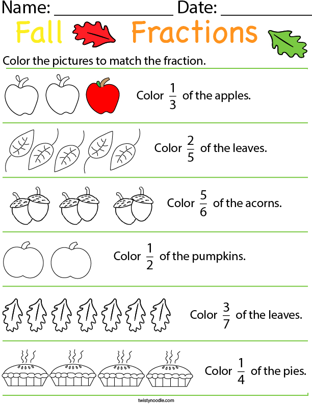 Autumn Fractions Math Worksheet - Twisty Noodle